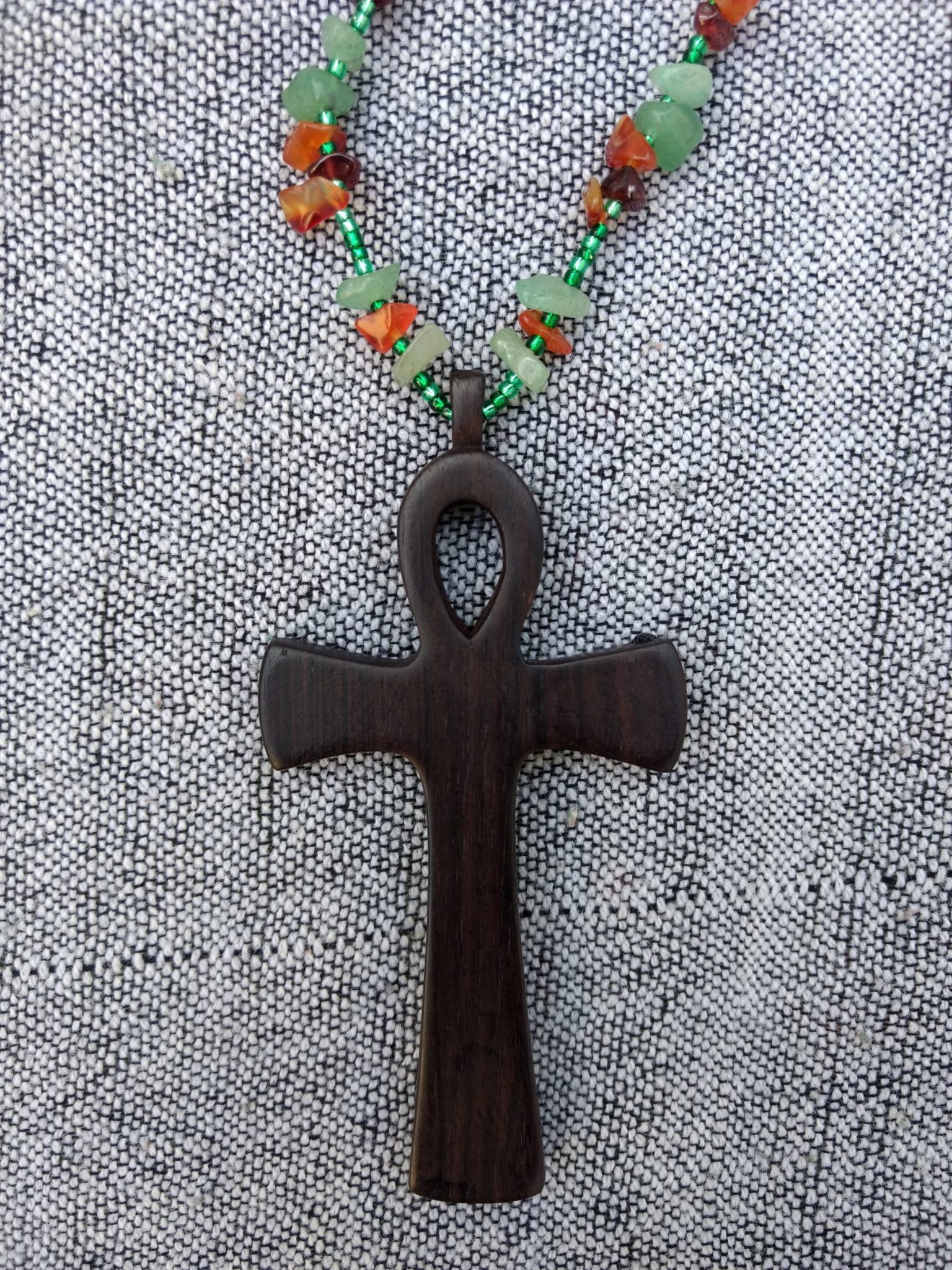 Large Wooden ANKH with natural stones and aqua beaded string necklace ...